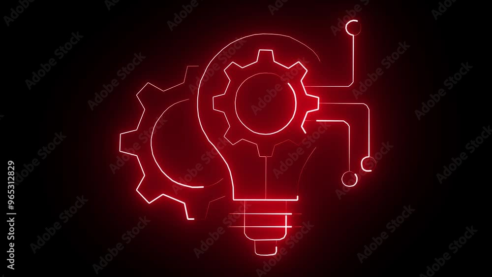 Red color Neon glowing Light bulb with Gear icon animation. Simple and ...