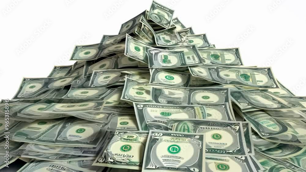Pyramid of dollar bills, zoom in, soft lighting, and a plain white ...