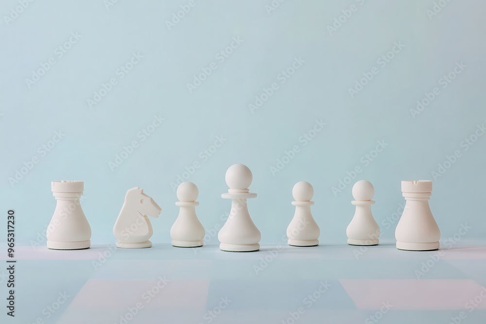 Strategic white chess pieces on a board with a focus on the king ...
