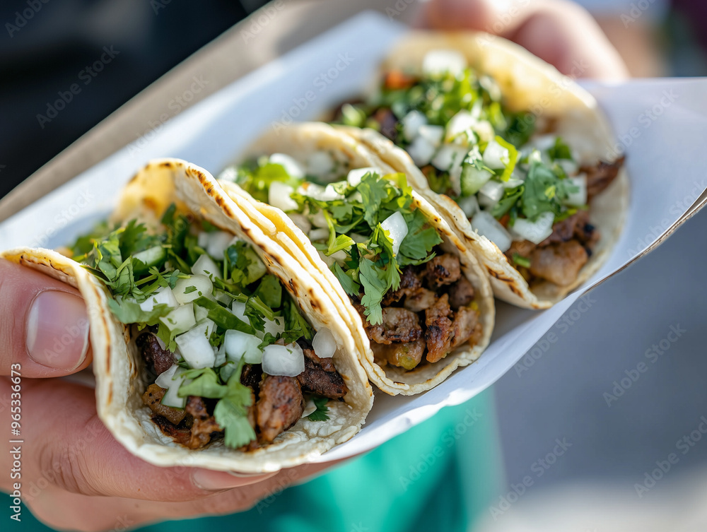 In a vibrant street food market, a vendor crafts fusion tacos with ...
