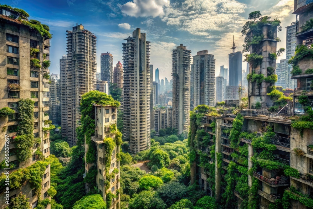 dystopian urban sprawl with crumbling skyscrapers reclaimed by nature ...