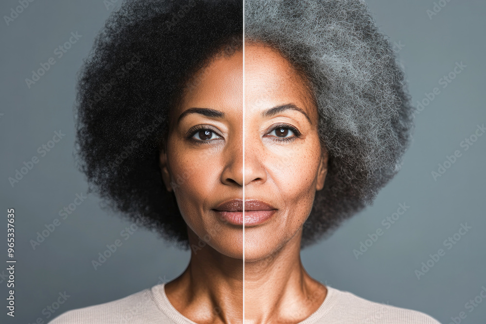 Comparative image with close-up portrait of the same woman at 30 and 80 ...