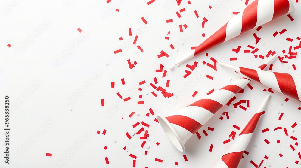 Playful red and white party horns on a crisp white background, adding a ...