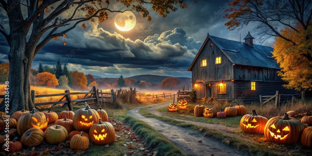 Spooky evening at a rural farm, with jack-o'-lanterns aglow, as ...