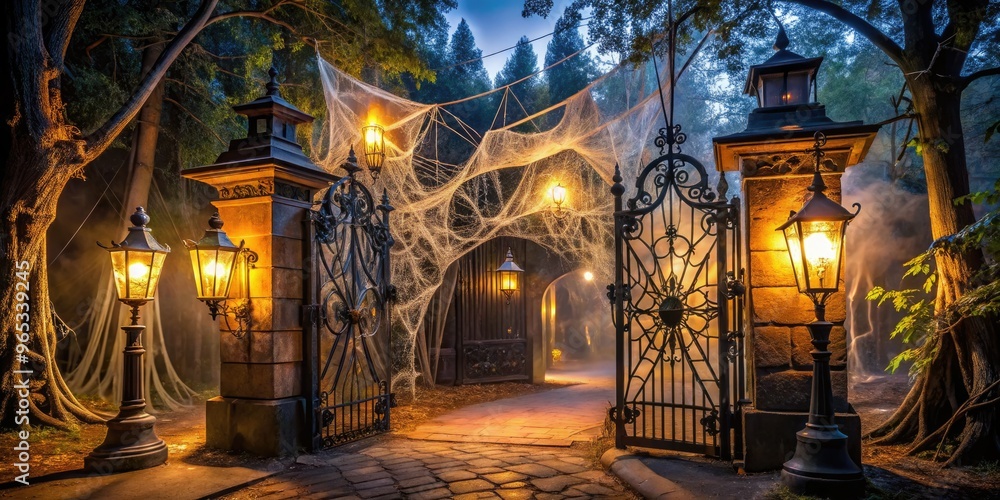 Spooky illuminated entrance gates at night, surrounded by creepy trees ...