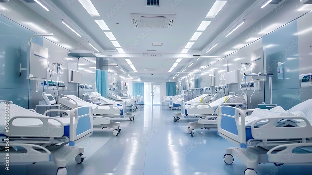 modern hospital ward with rows of empty beds, ready for patients. The ...