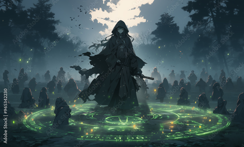 Anime necromancer with flowing dark robes, summoning skeletal minions ...