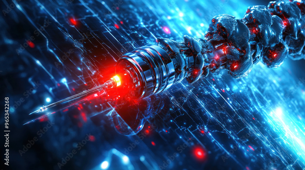 A glowing red object is shown in a blue background. The object is a ...