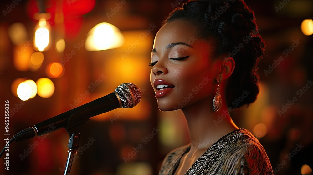 A jazz singer crooning into an old-fashioned microphone, with a dimly ...