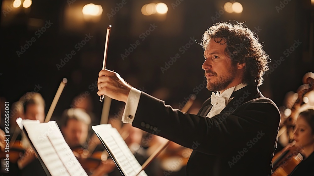 An orchestra conductor captured mid-motion, his baton leading the ...