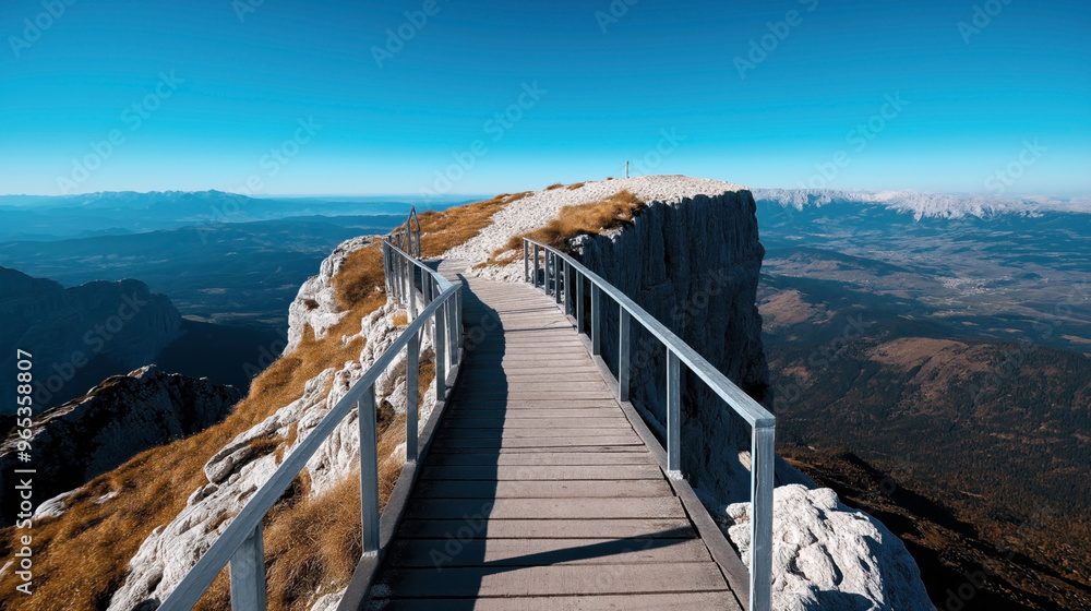 Narrow wooden walkway with railings leading to a mountain peak ...