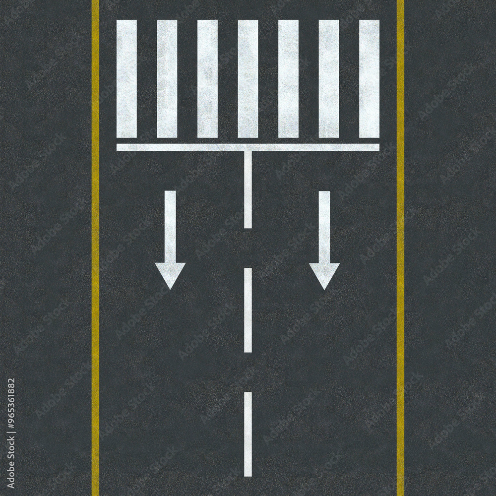 Level asphalted road with two yellow dashed white stripe and pedestrian ...