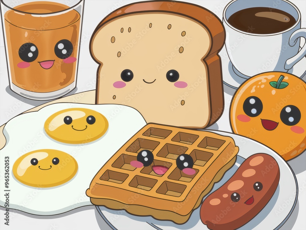 Cute Cartoon Breakfast with Happy Faces on Eggs, Waffle, Toast, Sausage ...