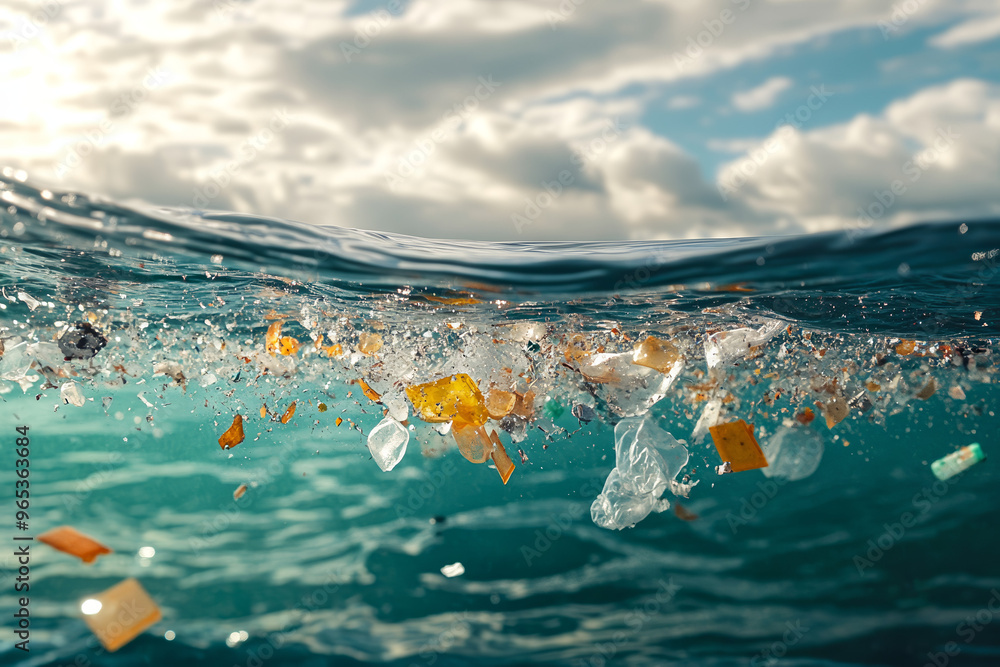 Plastic waste and debris floating in ocean water, highlighting ...