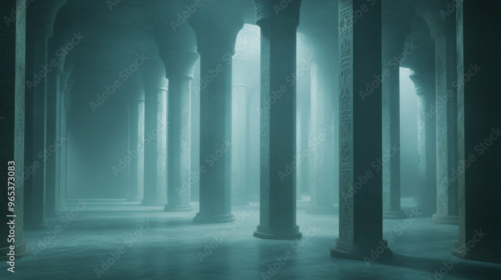 Mysterious ancient temple with towering stone columns shrouded in mist ...