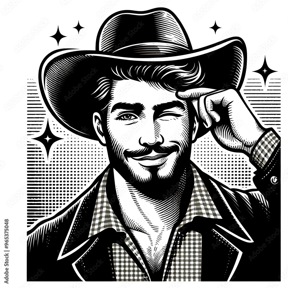 A handsome cowboy in a retro vintage illustration style, winking with ...