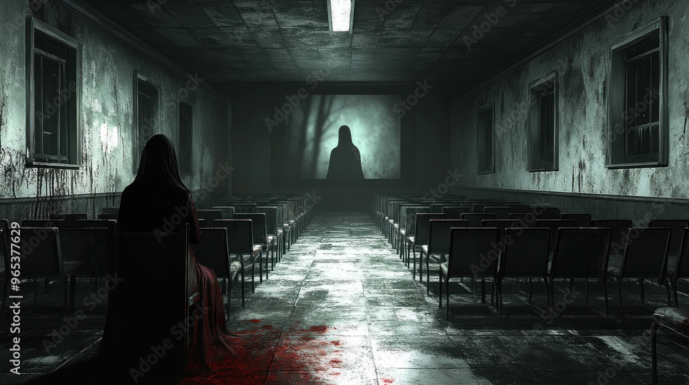 A woman sits in a chair in a dark room with a bloody screen in front of ...