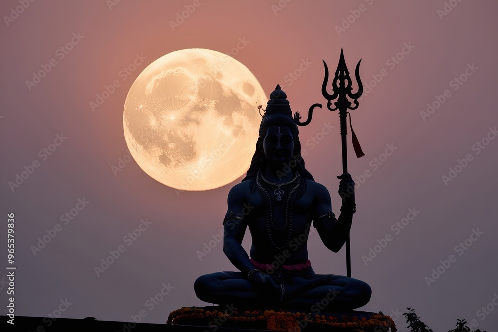 Hindu Worship Lord Shiva Trident Silhouette Under Full Moon for Maha ...