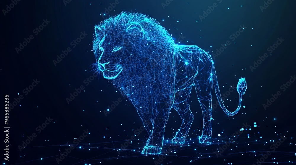 Abstract digital lion in polygons, lines and connected dots. King of ...