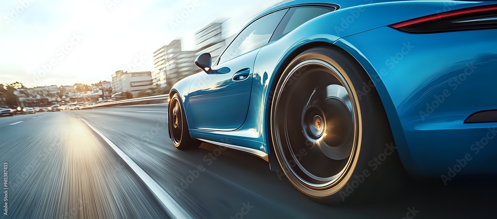 Blue sports car driving fast on a highway, blurred background with city ...