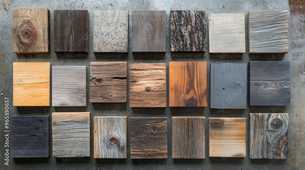 Rustic wood swatches in various shades of grey and brown, with visible ...