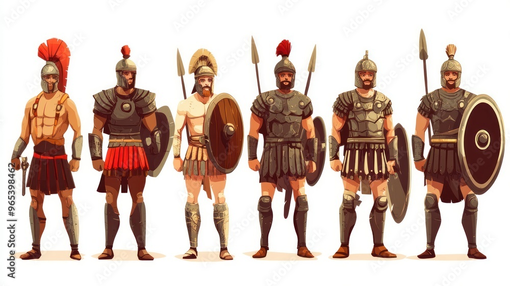 Five Roman Gladiators in Full Armor Holding Weapons and Shields Stock ...