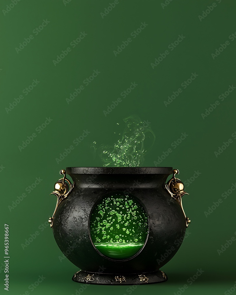 Vintage cauldron with bubbling green liquid inside, ultra-sharp focus ...
