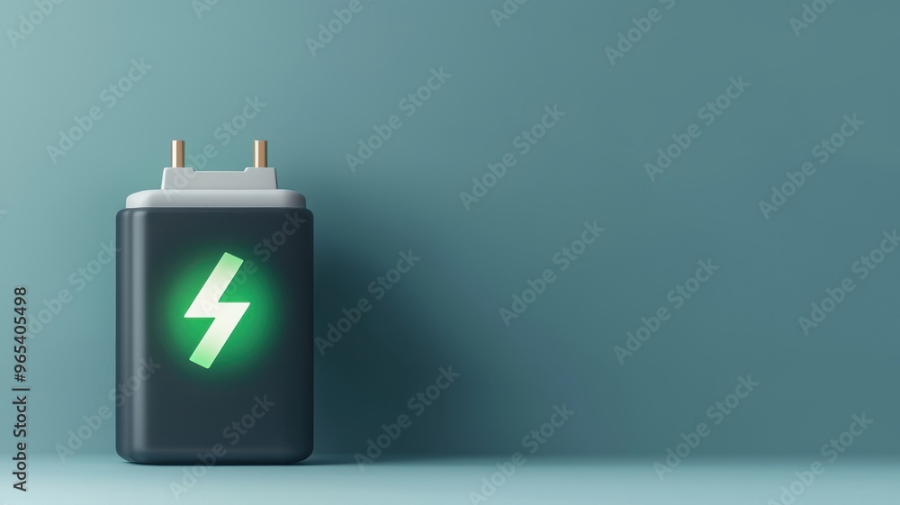 A modern power bank with a glowing lightning symbol, representing ...