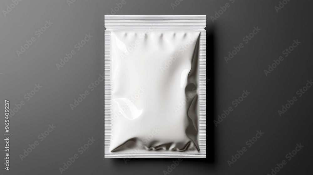 Image of a white plastic sachet packaging on a dark grey background ...