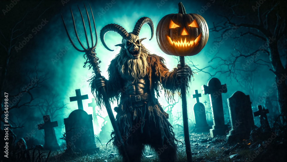 Halloween krampus devil: Demonic creature in graveyard. Horned monster ...