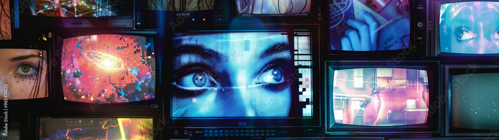Art collage of multimedia images on different old television screens ...