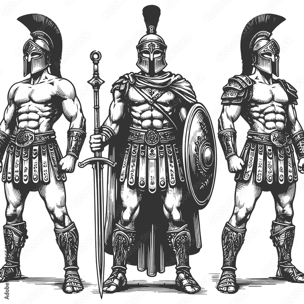 three muscular ancient Sparta Greek warriors gladiators in armor ...