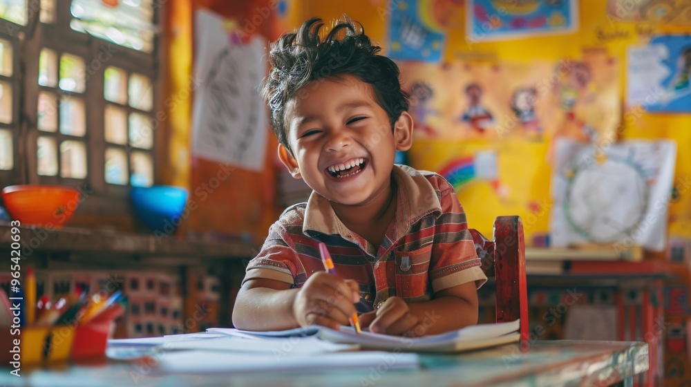 8. Little kid studying at a desk, beaming with happiness, colorful ...