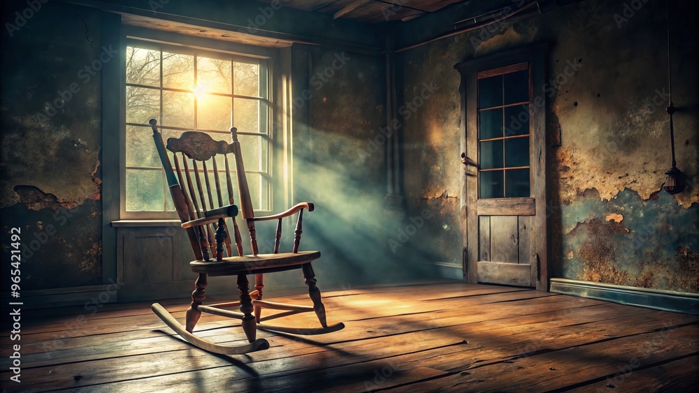 Vintage-inspired dolly shot of a worn, wooden rocking chair creaking ...