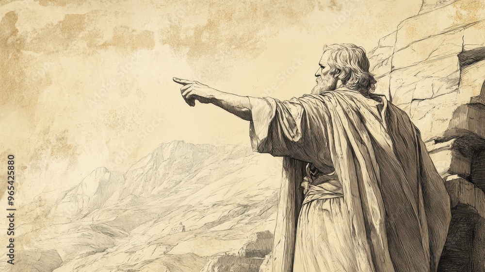 Moses Pointing to the Northern Boundary Along Mount Hor, Biblical ...