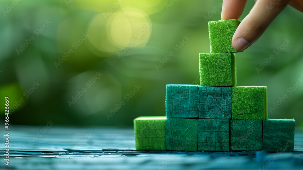 Hand stacking green wooden blocks in a pyramid shape on a table ...