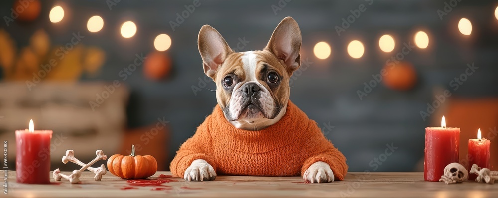 Bulldog in a zombie costume, standing in a dark room with flickering ...