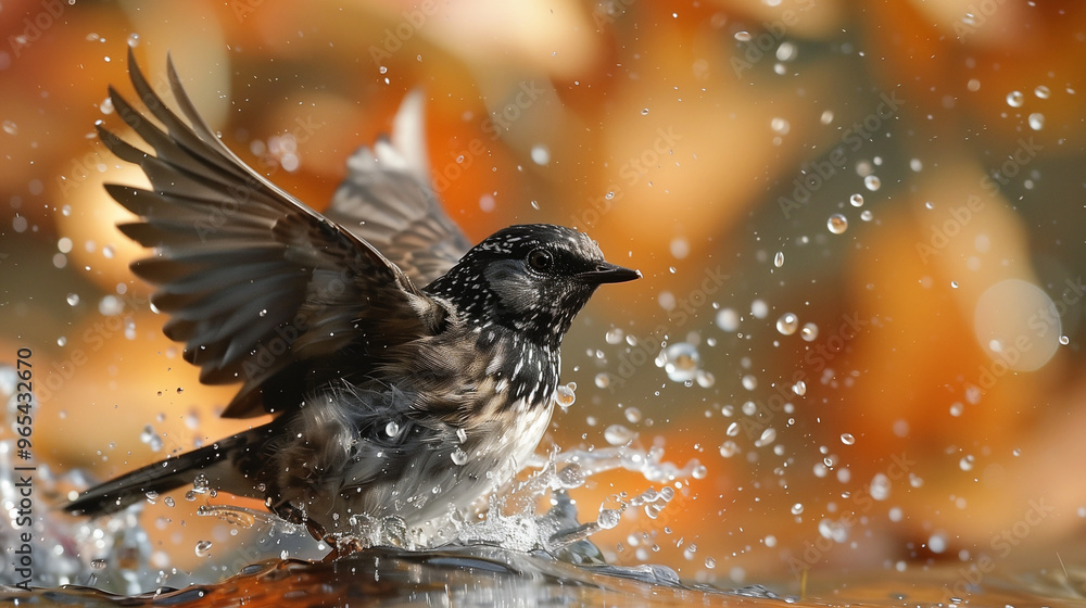 Bird splashing in water with wings spread and water droplets flying in ...