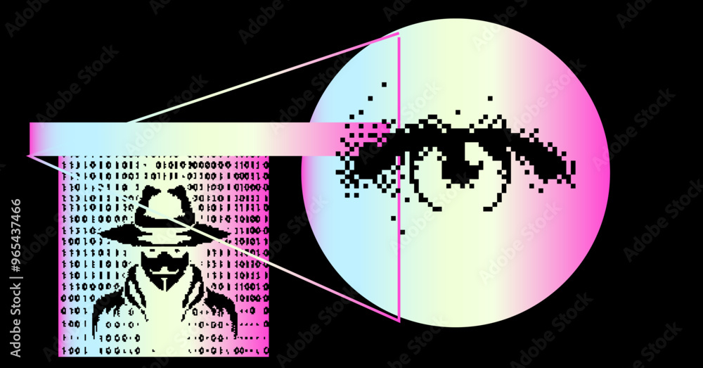 Collage of pixelated and distorted images of an anonymous hacker and ...