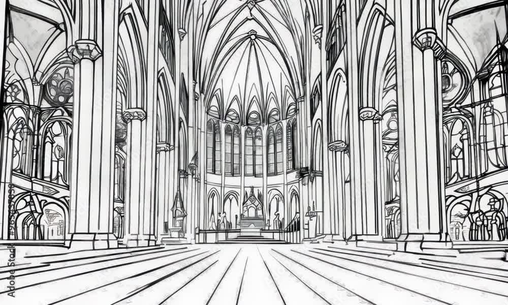 A line art drawing of an ancient cathedral with soaring spires and ...