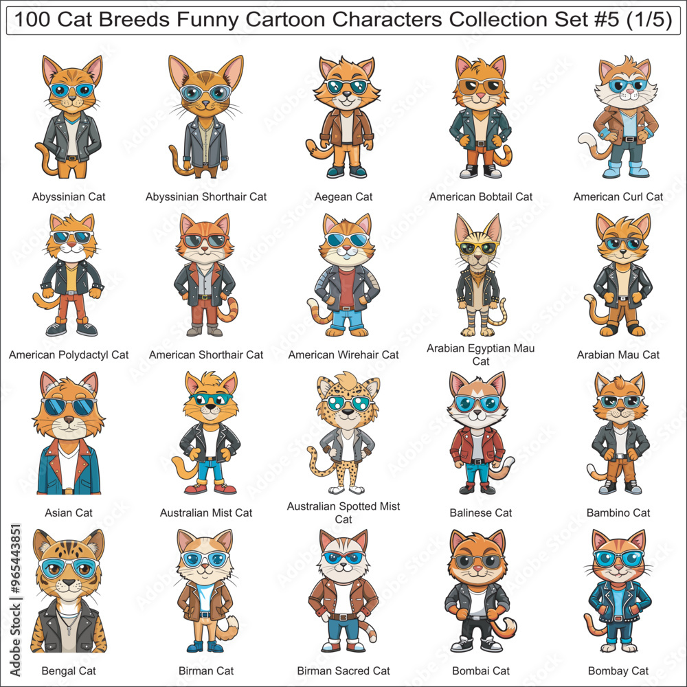 Cat Breeds Funny Cartoon Characters Collection Set of 100 Cat Faces ...