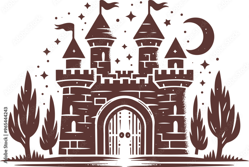 Fortification with massive walls and flags on the towers stylized as an ...