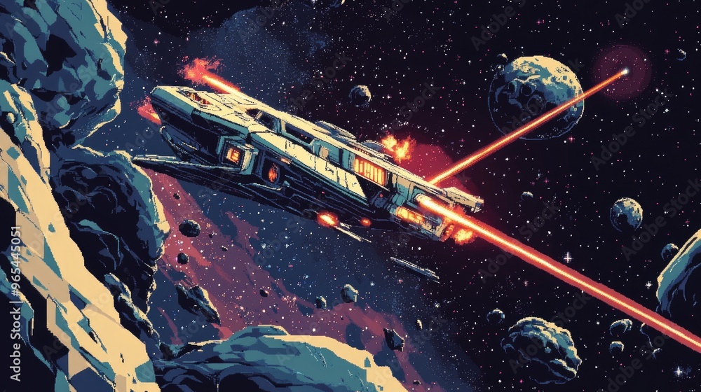 8-bit spaceship flying through a starry space scene, dodging asteroids ...