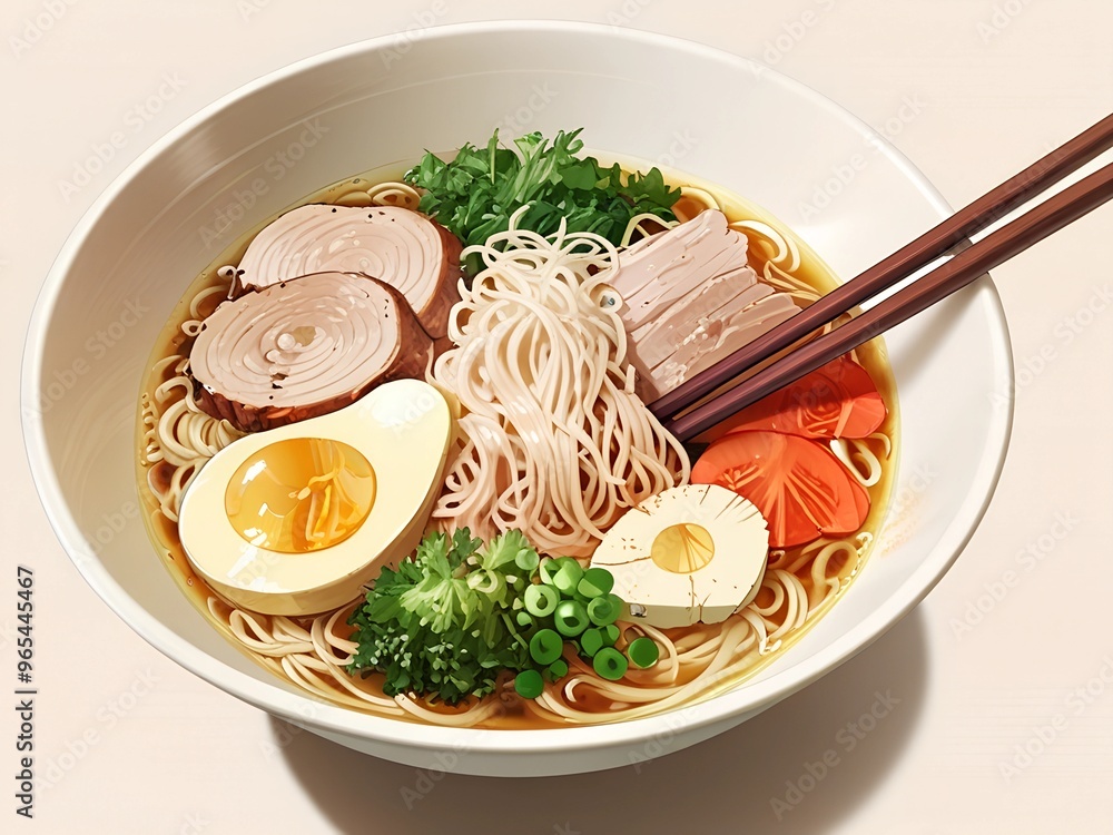 flat drawing 2D picture food ramen with egg meat in broth ,AI generated ...