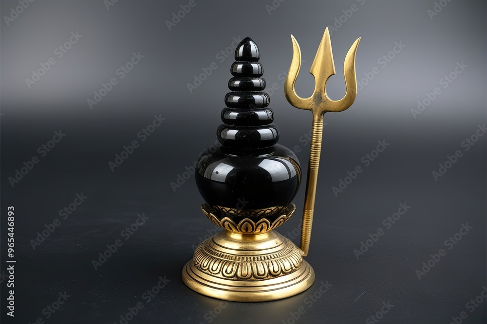 Elegant Obsidian Black Shiva Lingam with Brass Trident Traditional ...