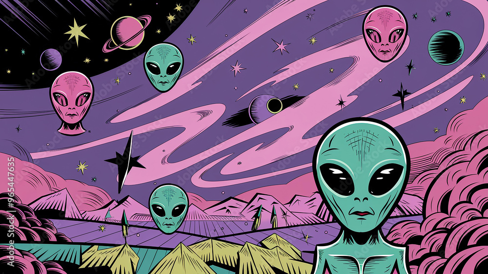 full hallucination scenery of a cosmic landscape with floating heads ...