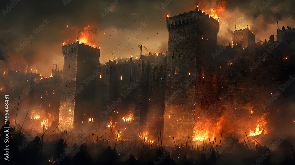 Medieval castle siege, large stone walls with battering rams, torches ...