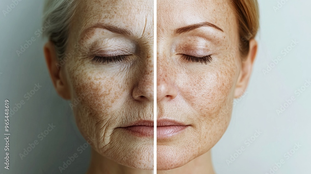 Comparison of aging skin on a woman's face before and after treatment ...