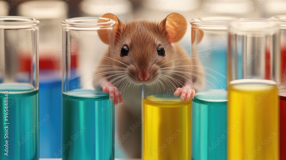 A curious lab rat exploring a scientific setup with test tubes and ...
