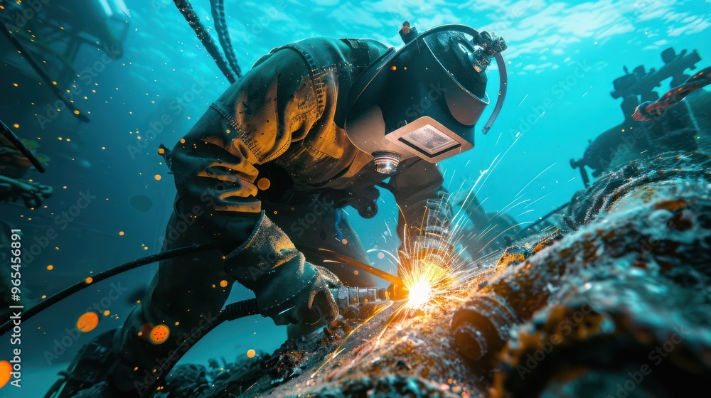 Underwater welders working at Sparks turn on lights on the seabed to ...